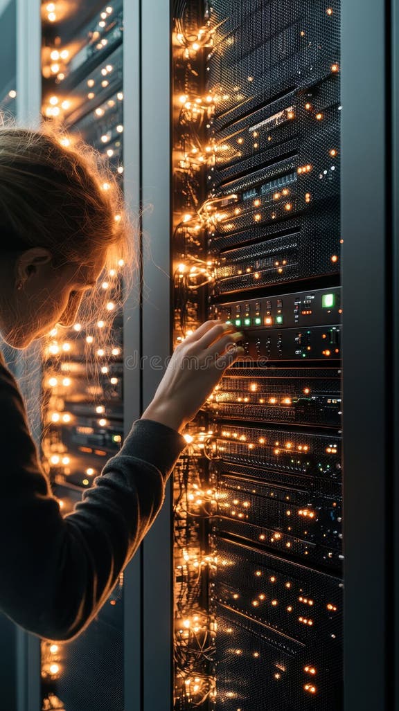 Data Center Server Racks Filled Lights. Engineer Interacts Servers ...