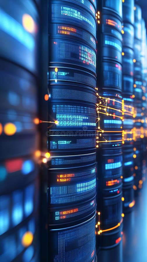 Data Center Server Racks with Glowing Lights and Data Streams Stock ...