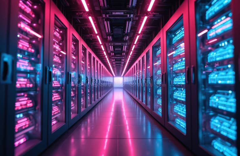 Data Center Server Racks Illuminated Blue, Pink Neon Lights. Futuristic ...