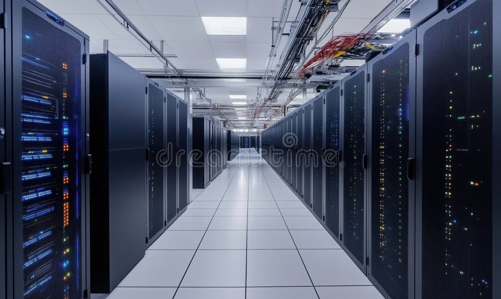 Data Center with Server Racks, Illuminated Panels, Organized Layout ...