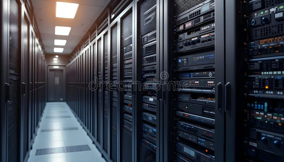 Data Center Server Racks Lined in a Narrow Illuminated Hallway Setting ...