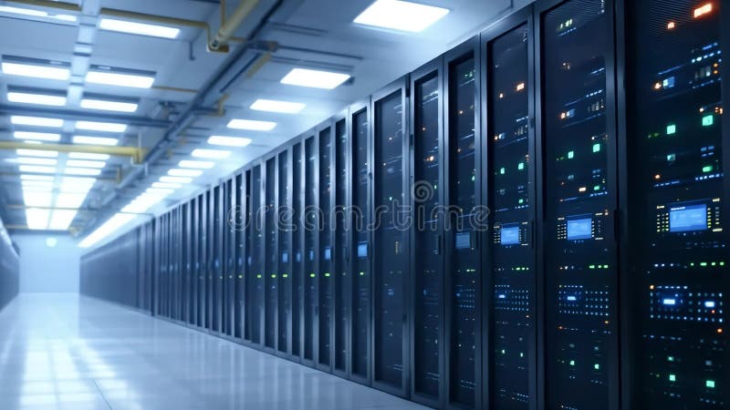Data Center Server Racks in a Modern High Tech Facility with Bright ...