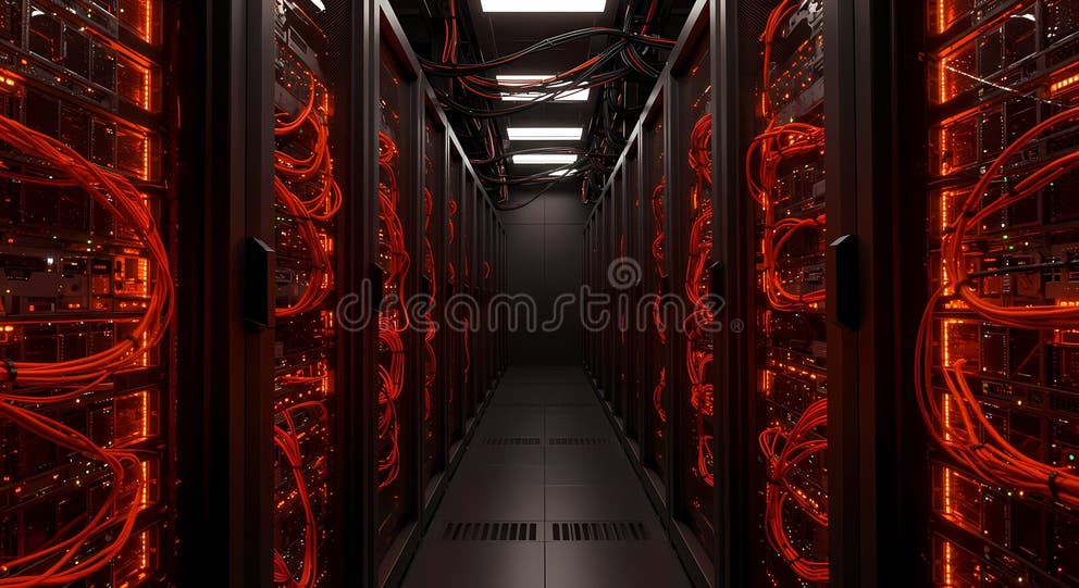 Data Center with Server Racks and Orange Cables Stock Illustration ...