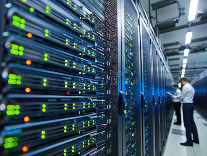 Data Center with Server Racks and it Professionals Working Stock Image ...