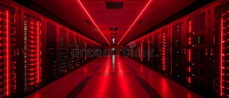 Data Center Server Racks with Red LED Lights Showcasing Modern ...