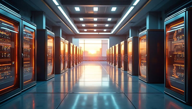 Data Center with Server Racks and Sunset View for Secure Computing ...