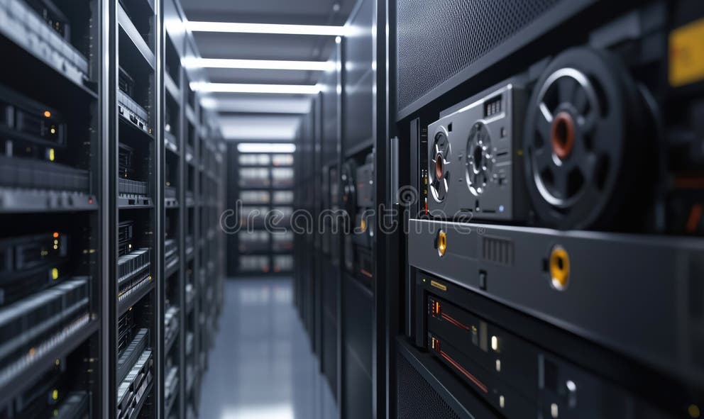 Data Center with Server Racks and Tape Storage Systems, Showcasing ...