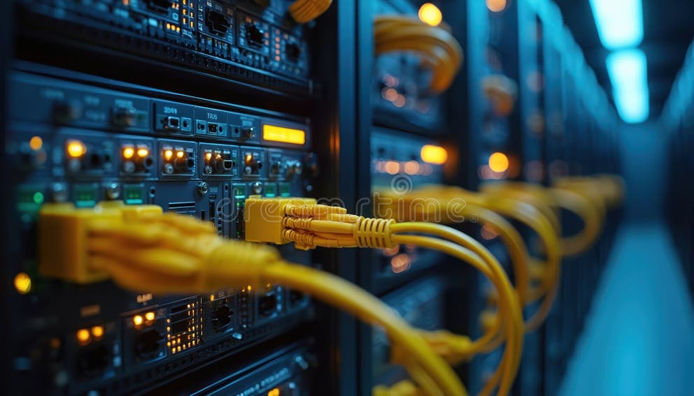 Data Center with Server Racks. Yellow Network Cables Connected To ...