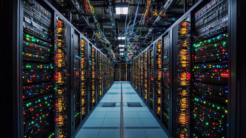 Data Center Server Room Aisle with Colorful Lights Stock Illustration ...