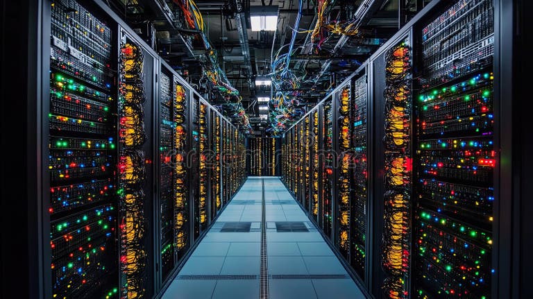 Data Center Server Room Aisle with Colorful Lights Stock Illustration ...