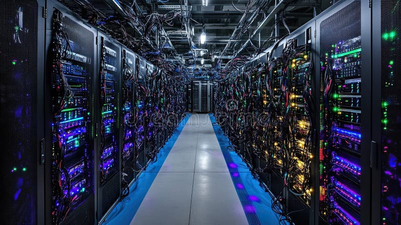 Data Center Server Room: Aisle of Glowing Servers and Network Equipment ...