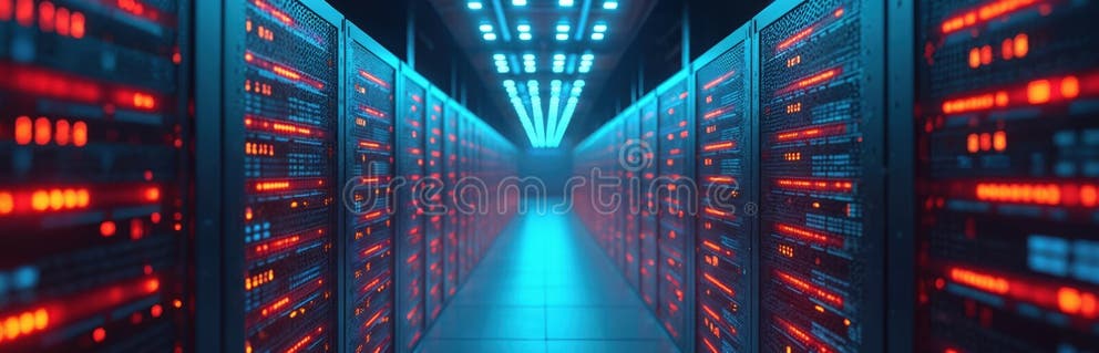 Data Center Server Room Aisle with Rows of Servers, Glowing Red Lights. Features Rows of Rack ...