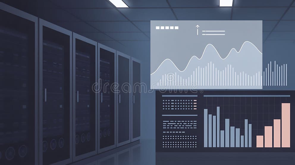 Data Center Server Room with Analytics Dashboard Displaying Business ...