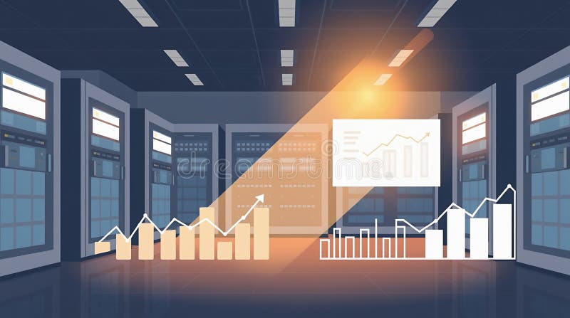 Data Center Server Room with Analytics Dashboard Displaying Business ...
