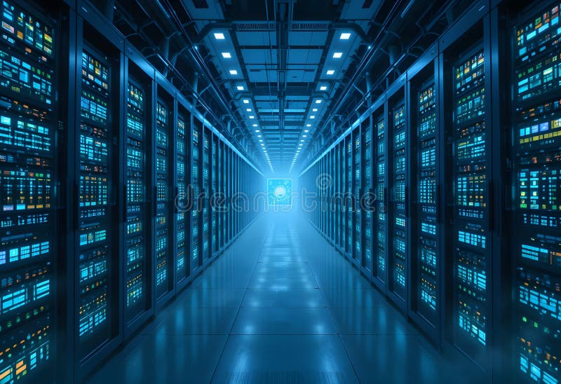 Data Center Server Room with Blue Lighting Stock Illustration ...