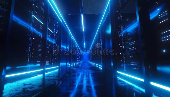 Data Center Server Room with Blue Lights Stock Illustration ...