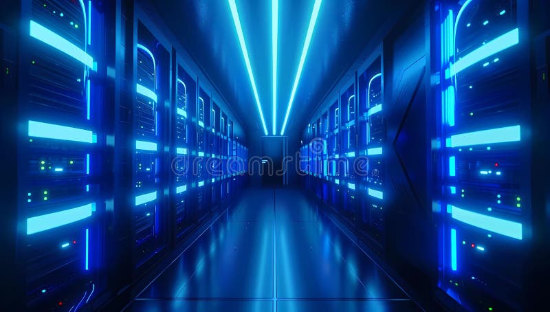 Data Center Server Room with Blue Lights Stock Illustration ...