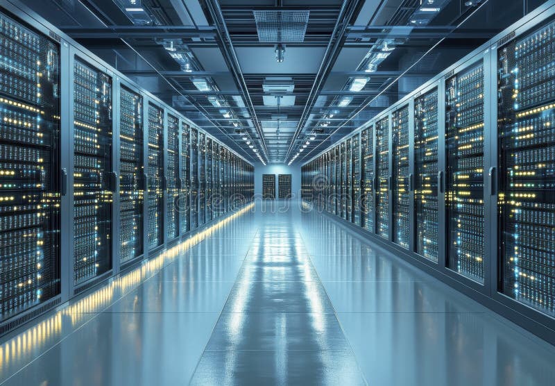 Data Center Server Room Blue Lit Hallway of Racks Stock Illustration ...