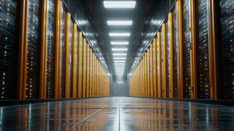 Data Center Server Room with Bright Overhead Lighting and Rows of Racks ...