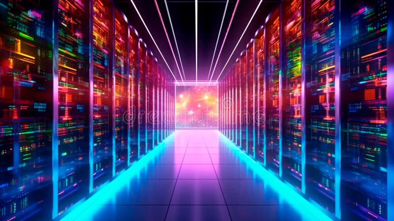 Data Center Server Room, Colorful Supercomputer Technology Abstract ...
