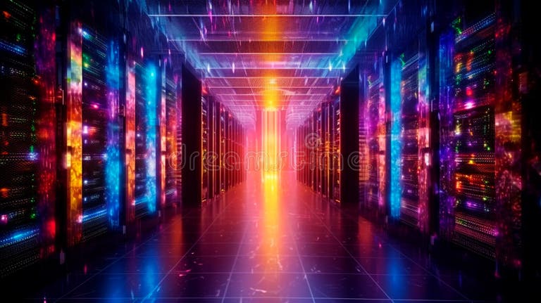 Data Center Server Room, Colorful Supercomputer Technology Abstract ...