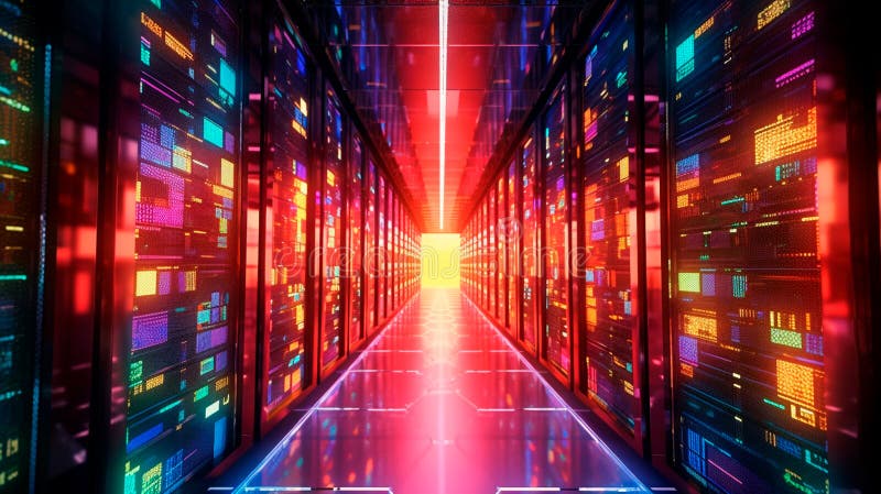 Data Center Server Room, Colorful Supercomputer Technology Abstract ...
