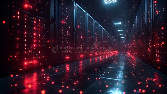 Data Center Server Room Corridor, Glowing Lights, Digital Particles, Network Infrastructure ...