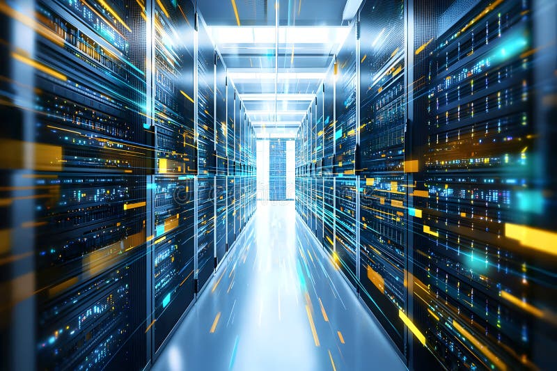 Data Center Server Room Corridor, Glowing Lights, Fast Data Transfer (1 ...