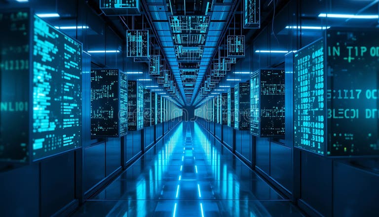 Data Center Server Room with Digital Displays and Blue Lighting Stock ...