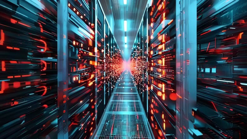 Data Center Server Room Experiencing High Traffic and Processing Power ...