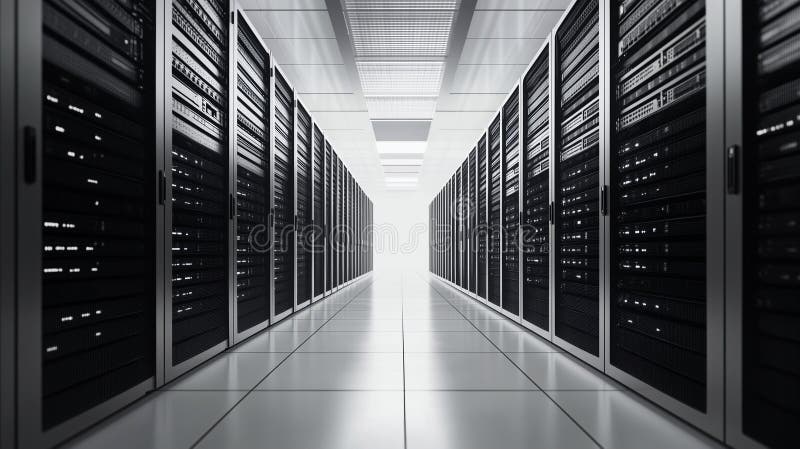 A Data Center Server Room Features Rows of Black Server Racks on Both ...