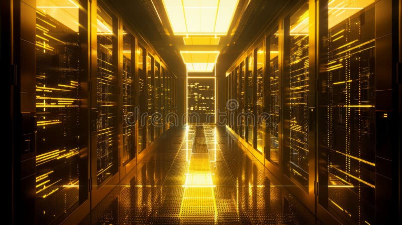 Data Center Server Room with Glowing Gold Lights - High Tech ...