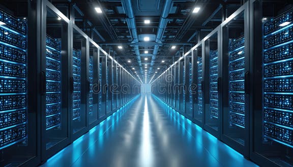 Data Center Server Room. High-tech Facility with Rows Server Racks, Lit ...