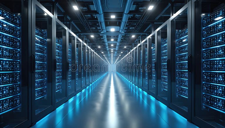 Data Center Server Room. High-tech Facility with Rows Server Racks, Lit Up with Blue Lights ...