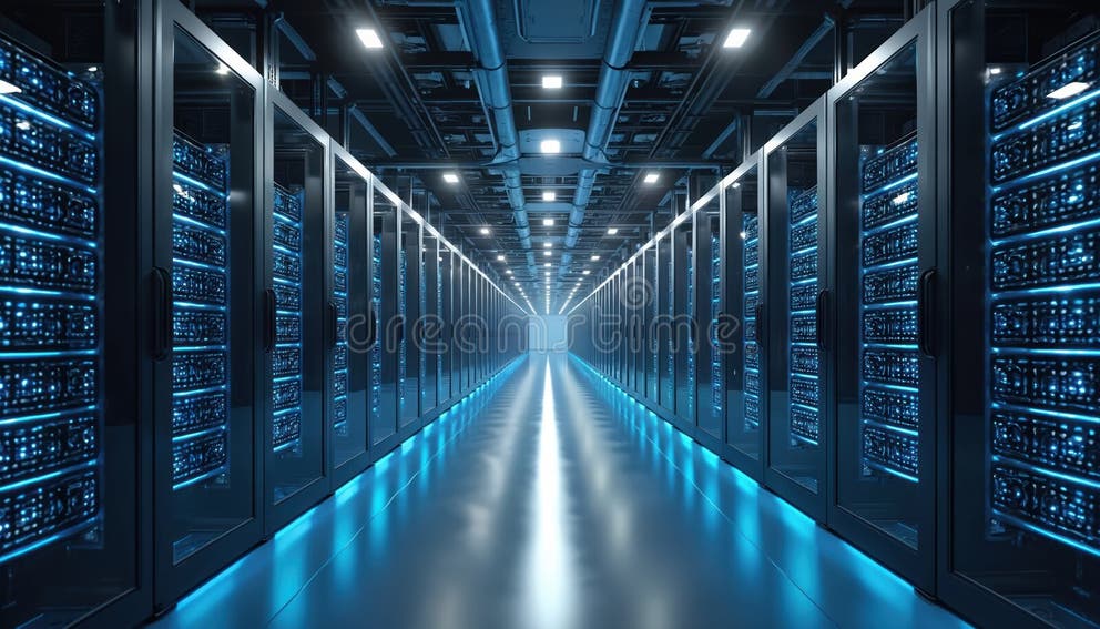 Data Center Server Room. High-tech Facility with Rows Server Racks, Lit ...