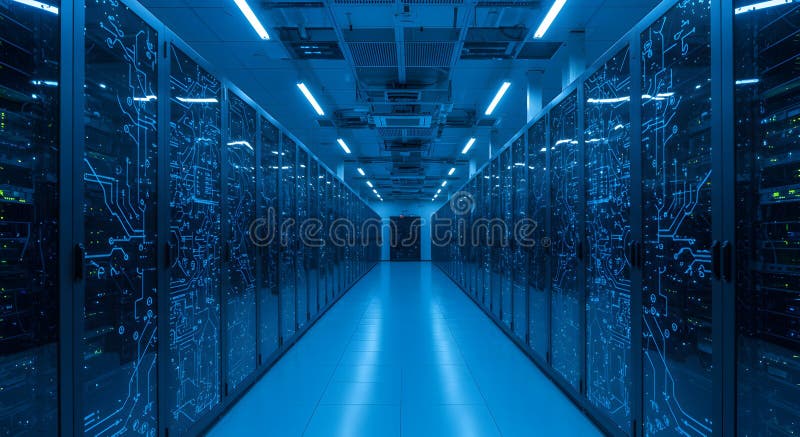 Data Center Server Room with Illuminated Racks and Blue Lighting System ...