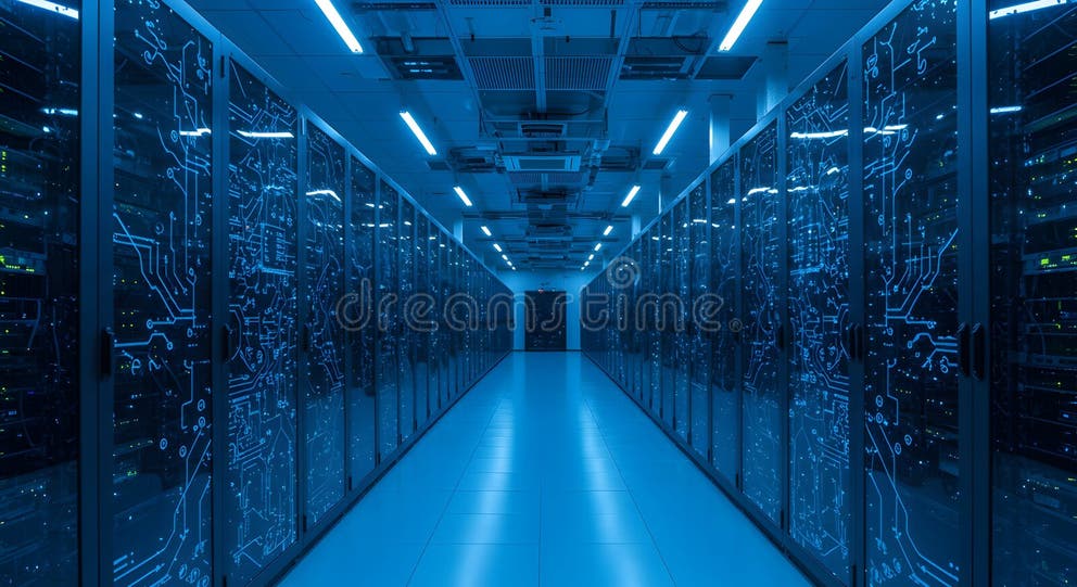 Data Center Server Room with Illuminated Racks and Blue Lighting System ...