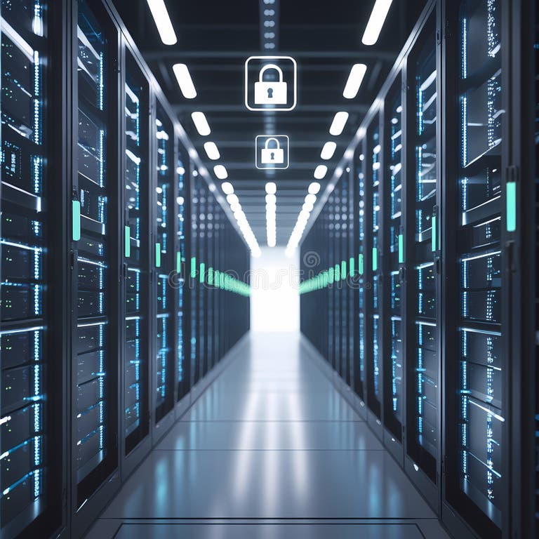 A Data Center Server Room with Illuminated Servers Lining Both Sides of ...