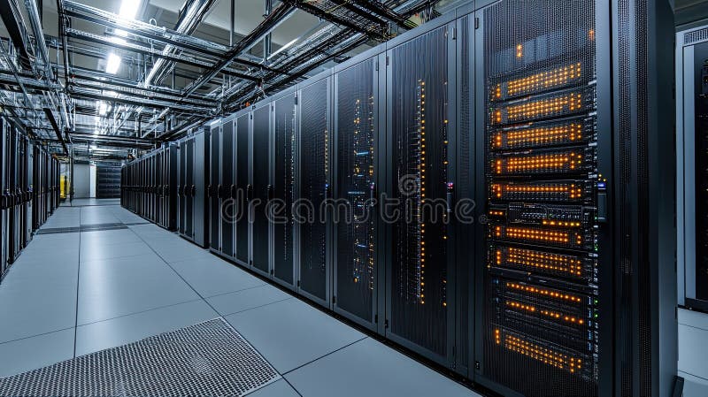 Data Center Server Room Interior with Bright Lights and Network Cables ...