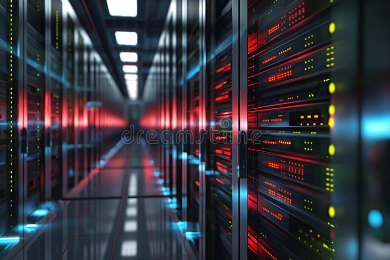 Data Center Server Room Interior Featuring Rows of Rack-mounted Servers ...