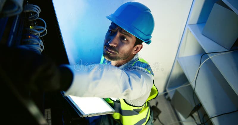 Data Center Server Room And Man With Computer On Tablet For Programming Coding And Information