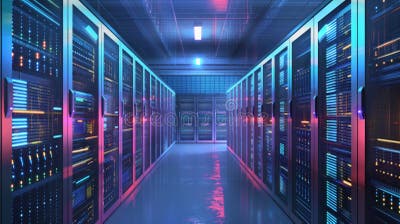 Data Center Server Room with Multiple Rows of Computer Racks. Server ...