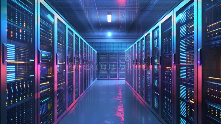 Data Center Server Room with Multiple Rows of Computer Racks. Server Equipment, Network Hardware ...