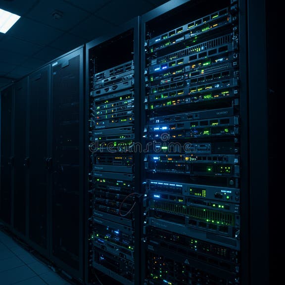 A Data Center Server Room with Multiple Server Racks Filled with ...