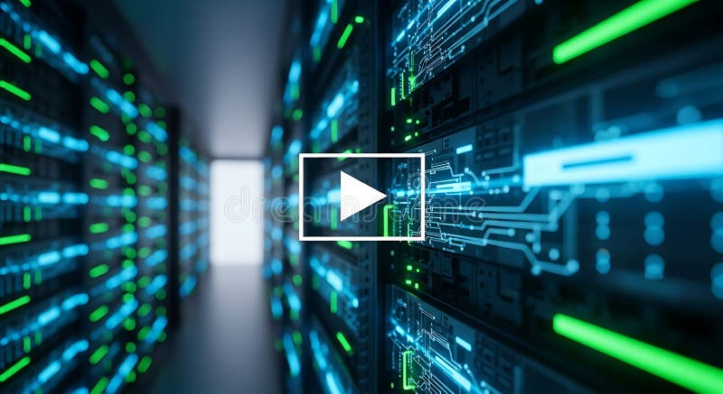 Data Center Server Room Play Button, Cloud Computing, Technology Stock ...