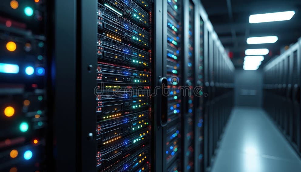 Data Center Server Room with Rack Servers. Network Hardware Tech Hub, Modern Digital ...