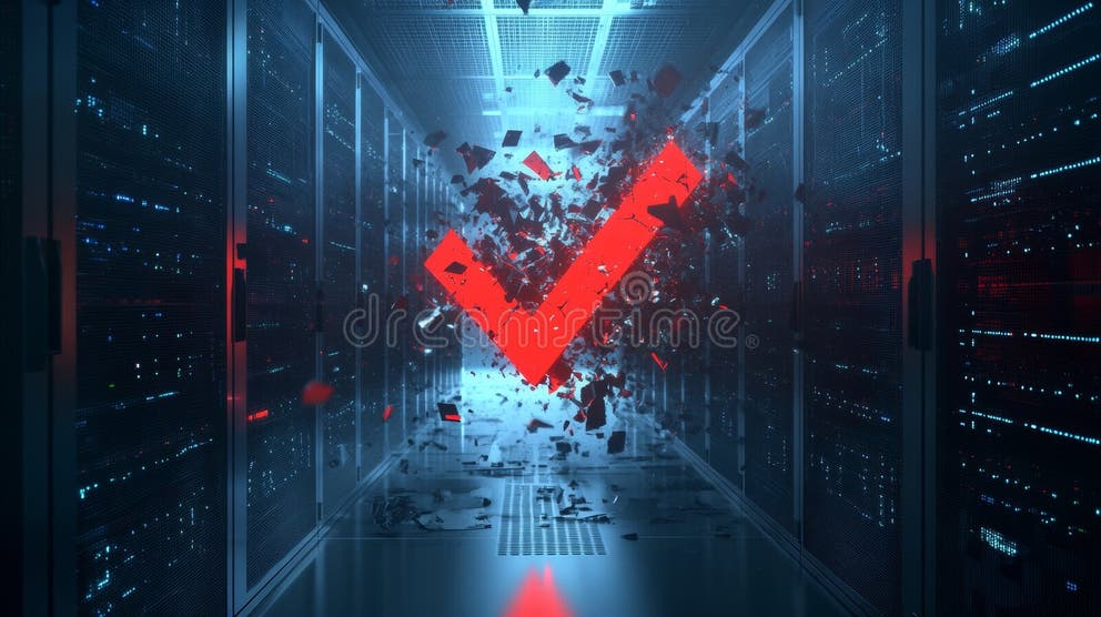 Data Center Server Room with Red Check Mark Explosion, Digital Security ...
