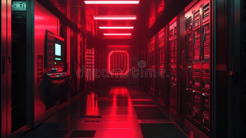 Data Center Server Room with Red Lighting Indicating Activity Stock ...