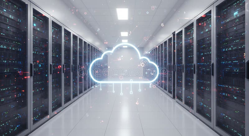 A Data Center Server Room with Rows of Black Server Racks Lining Both ...