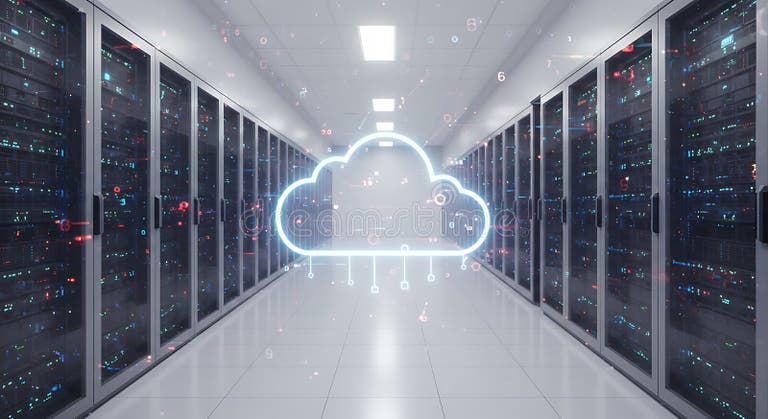 A Data Center Server Room with Rows of Black Server Racks Lining Both ...